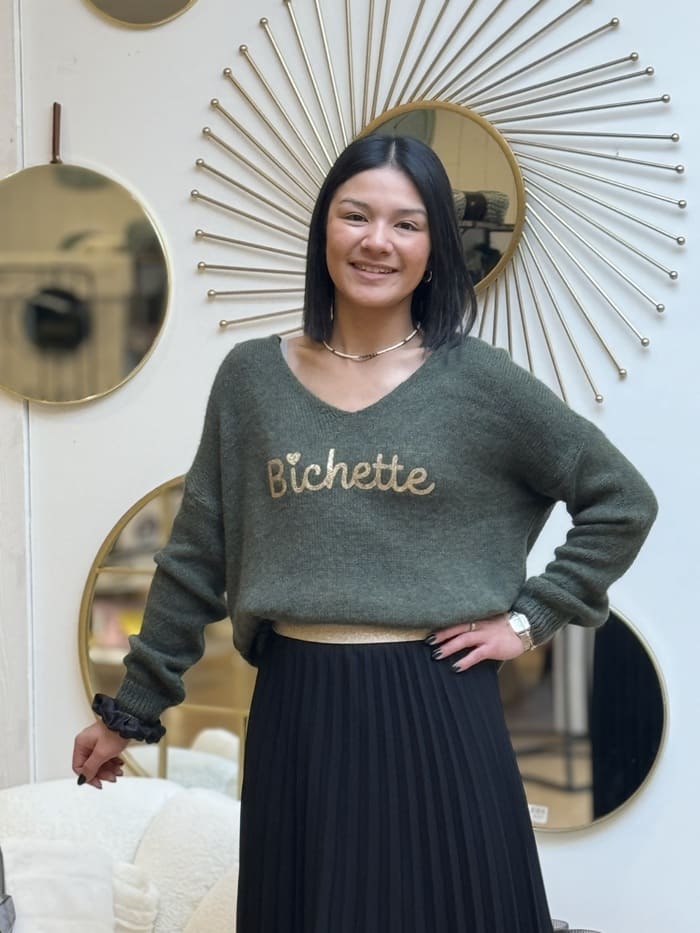 Pull Clara, col V avec inscription "Bichette" – Mademoiselle Marcelle